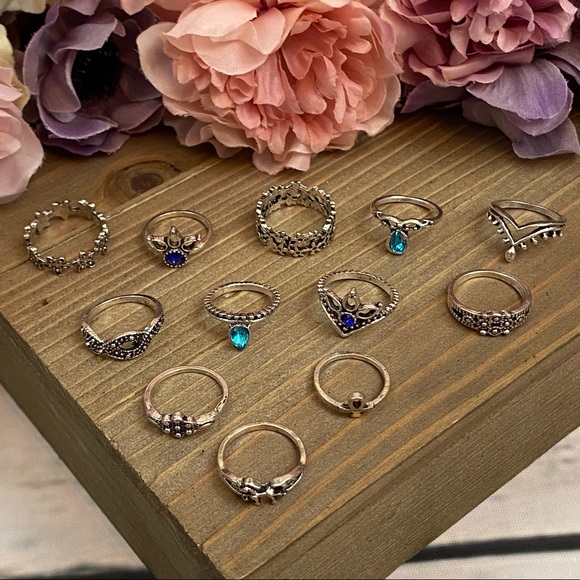 Jewelry | 13 Pcs Bohemian Retro Silver Crystal Gem Ring Set | Poshmark
